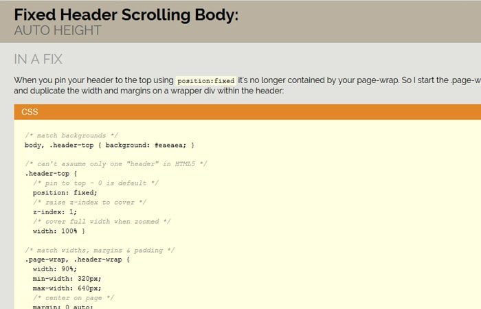 CSS Fixed Header Auto Height Scrolling Body Content Codeconvey